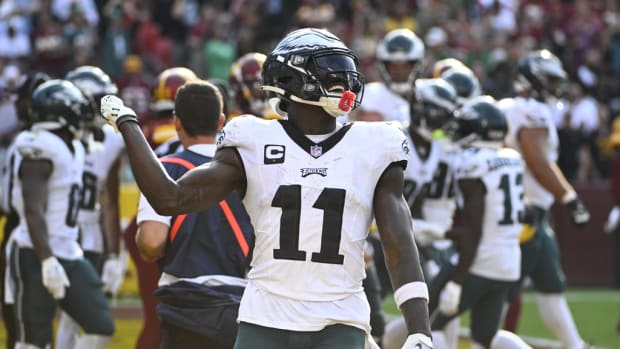 Eagles' A.J. Brown reacts to breaking Calvin Johnson's record