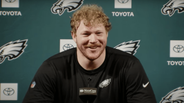Cam Jurgens reacts to taking over Jason Kelce's locker