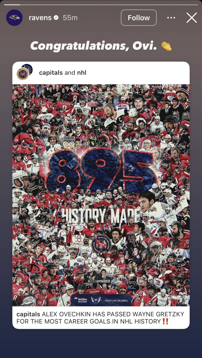 Baltimore Ravens congratulate Capitals star Alex Ovechkin for NHL goals record