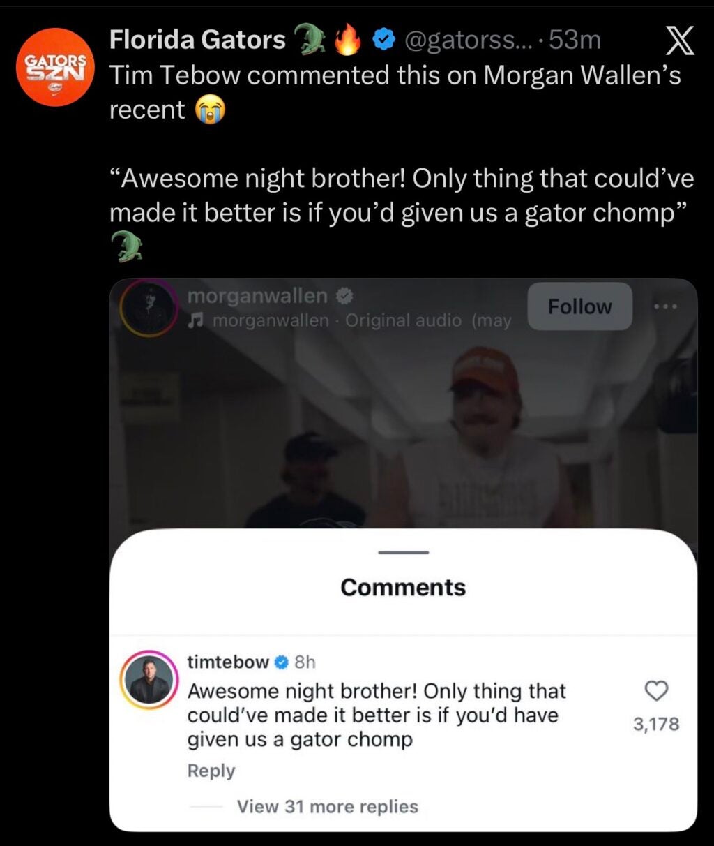 Florida legend Tim Tebow sends message to Morgan Wallen after the ...