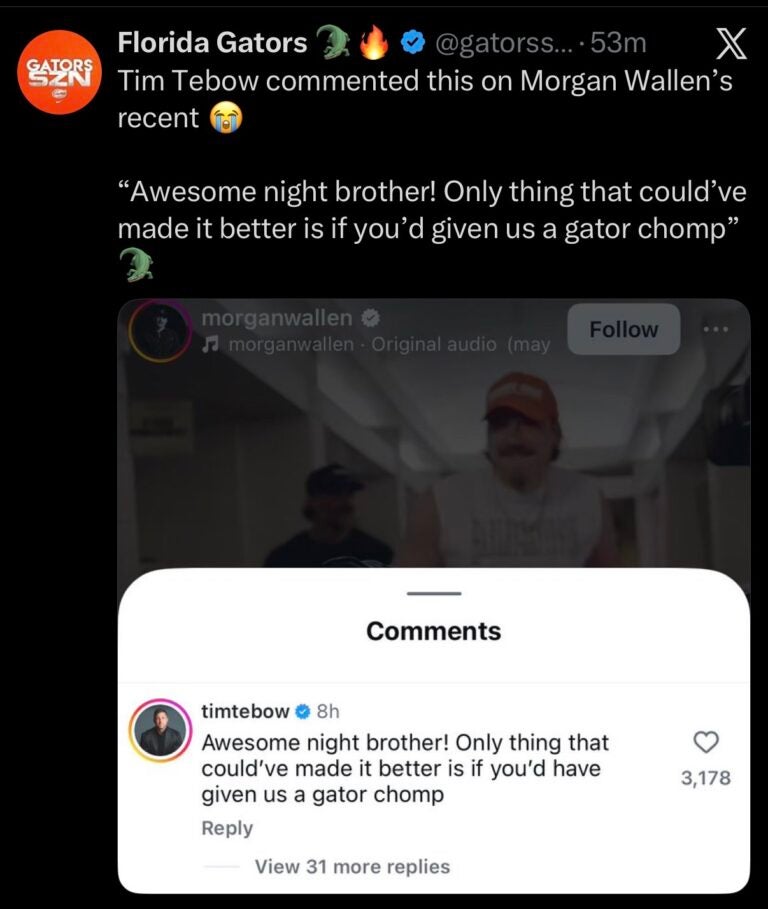Florida legend Tim Tebow sends message to Morgan Wallen after the ...